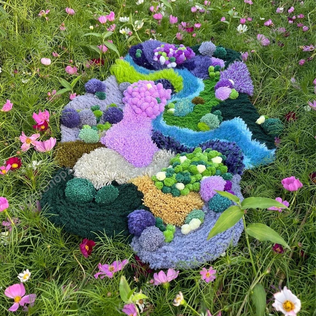 Moss Rugs Materials Bag & Finished Product, DIY Purple Latch Hook Moss ...