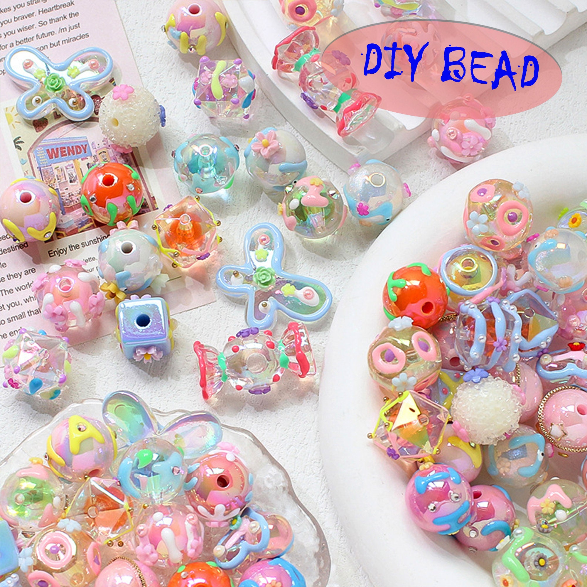 Kawaii Acrylic Beads DIY Kit With Sparkling Rhinestones, Hand-painted ...
