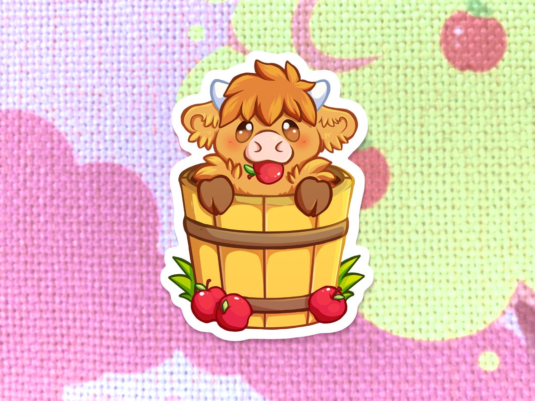 Highland Cow Apple Barrel Die Cut Sticker // Kawaii Cute Premium Water ...