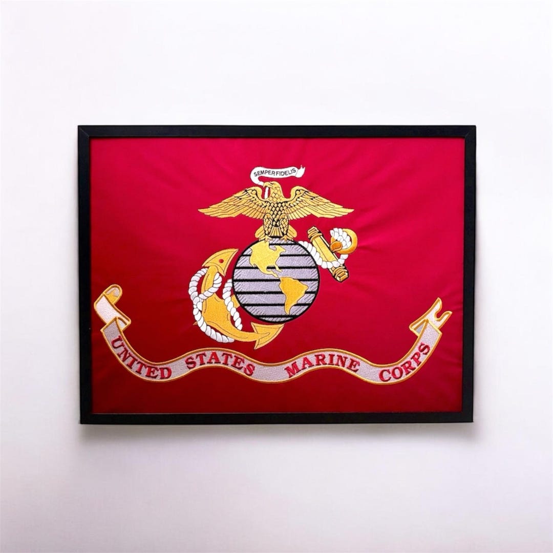 USMC Embroidered Flag Framed Art – Handmade Military Decor, Marines ...