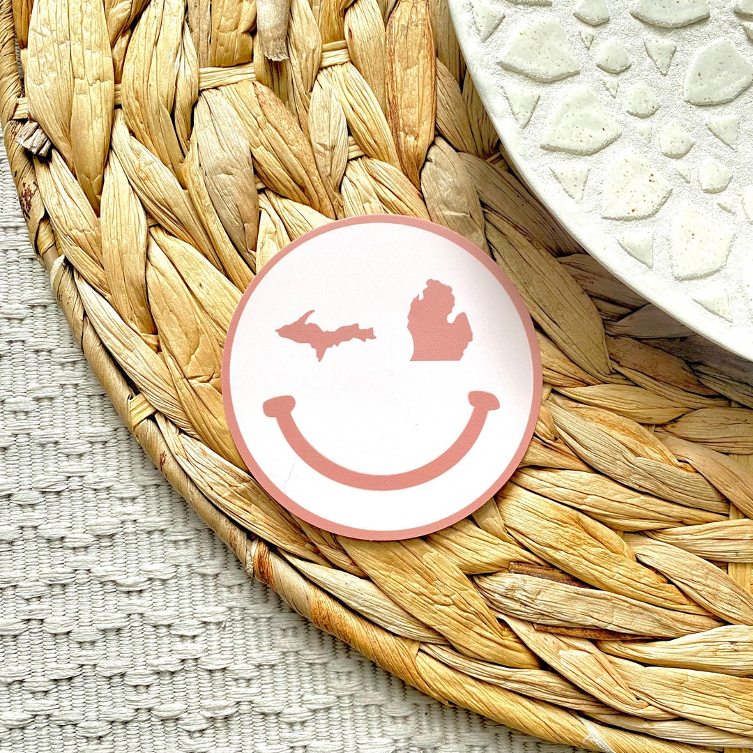 Michigan Pink Smiley Face Sticker | Retro | Boho Aesthetic | Vinyl ...