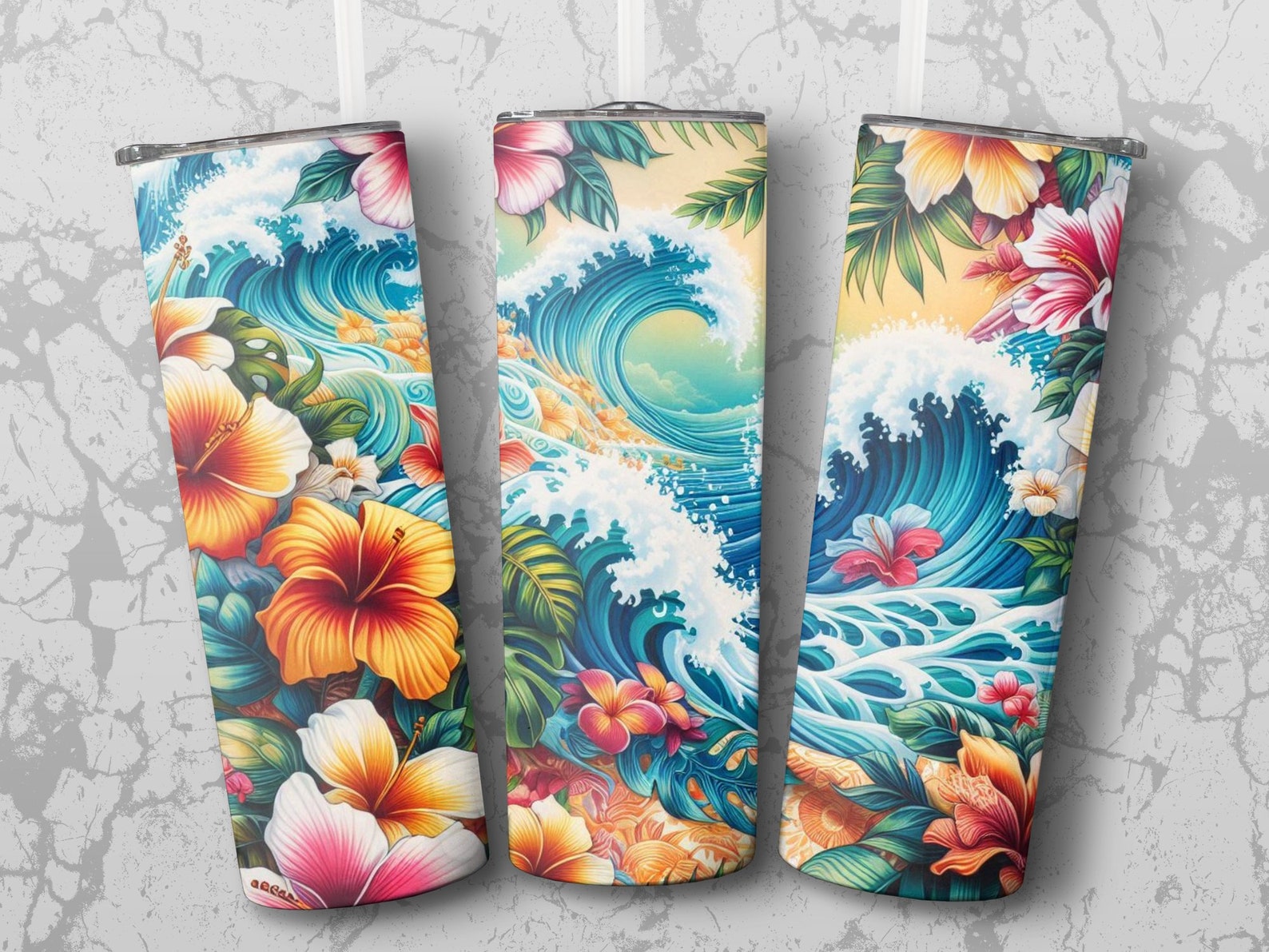 Tropical Waves and Floral Skinny Tumbler Wraps, Beach Theme 20oz ...