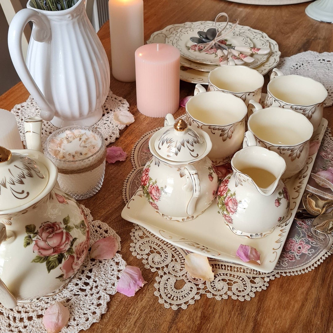 Luxury Set of 4 Red Roses Teacups, Teapot, Tray and Porcelain Spoons ...