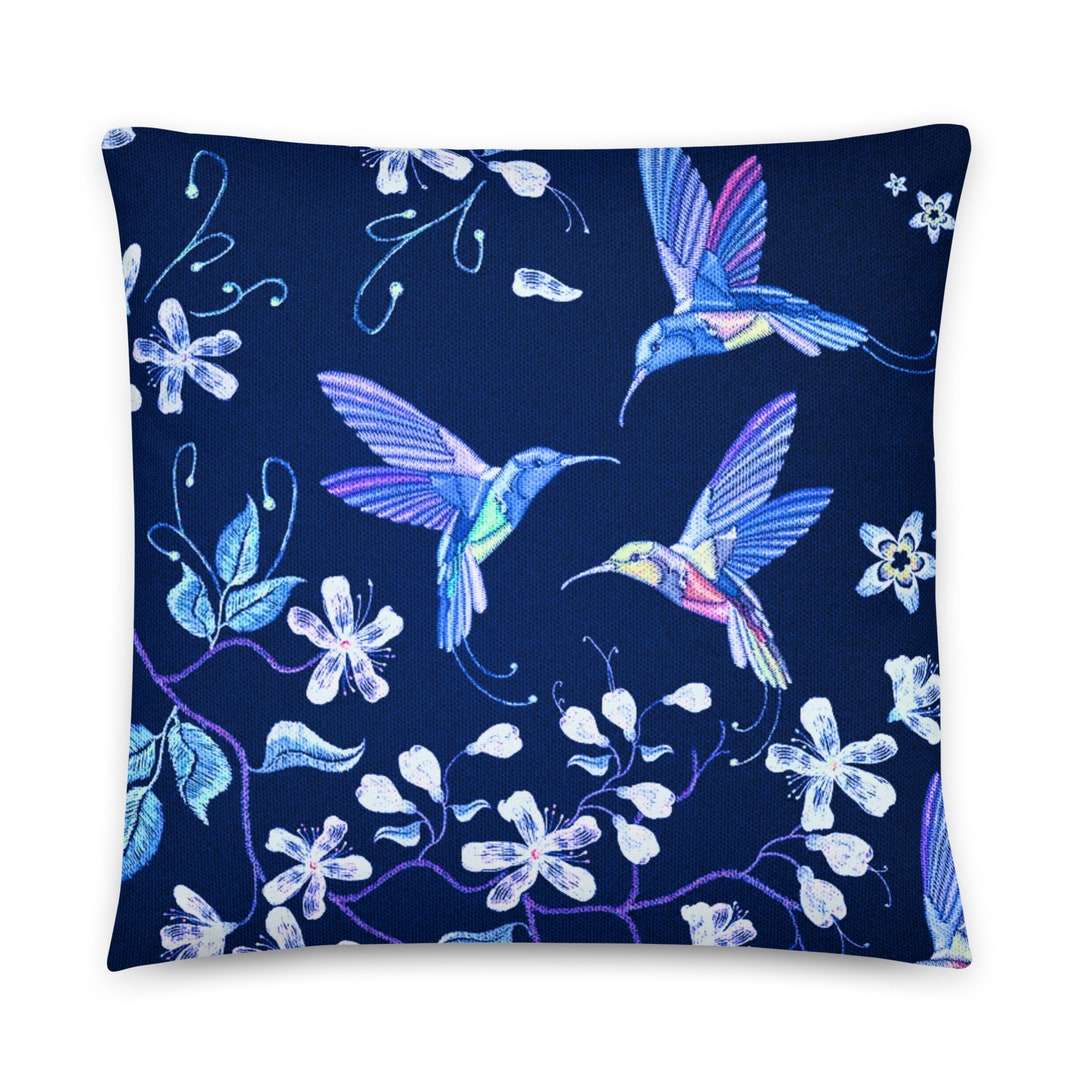 Nocturnal Hummingbirds Pillow, Throw Pillow With Dark Blue Background ...