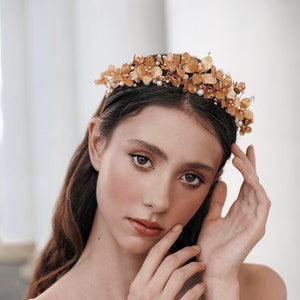 Gold Wedding Crown With Flowers and Pearls, Floral Diadem - Etsy