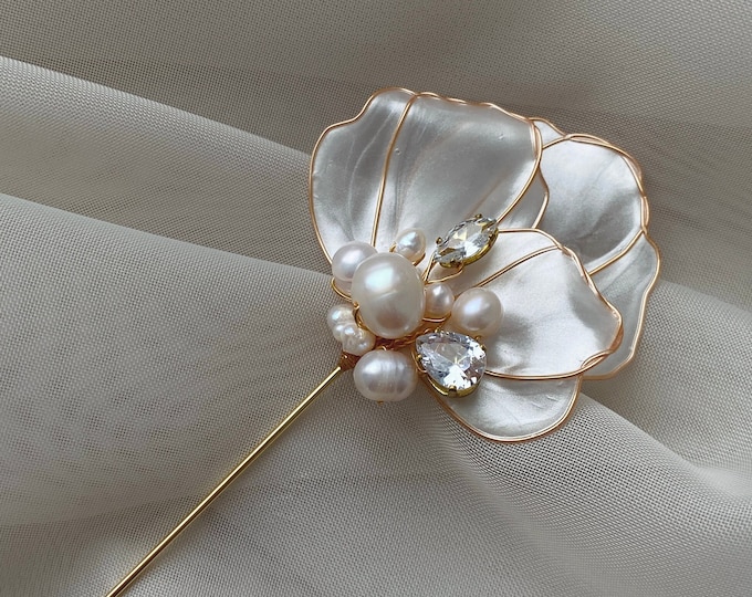 Flower Brooch, Handmade Floral Brooch, Pearl Brooch, Gold Petal Brooch ...
