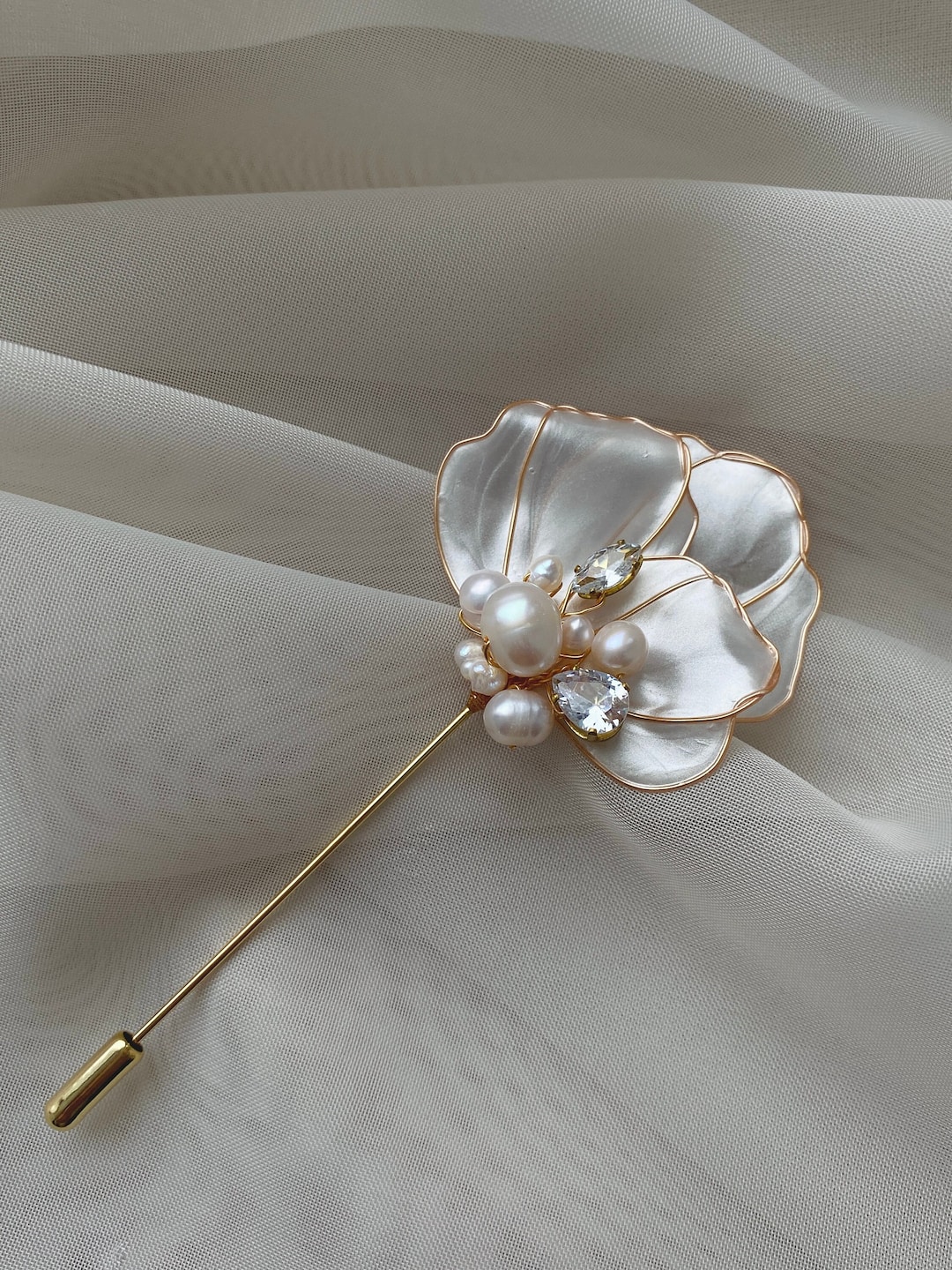 Flower Brooch, Handmade Floral Brooch, Pearl Brooch, Gold Petal Brooch ...