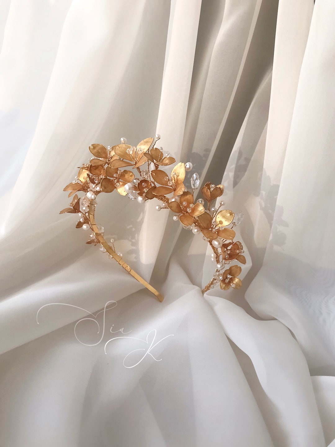 Gold Wedding Crown With Flowers and Pearls, Floral Diadem - Etsy