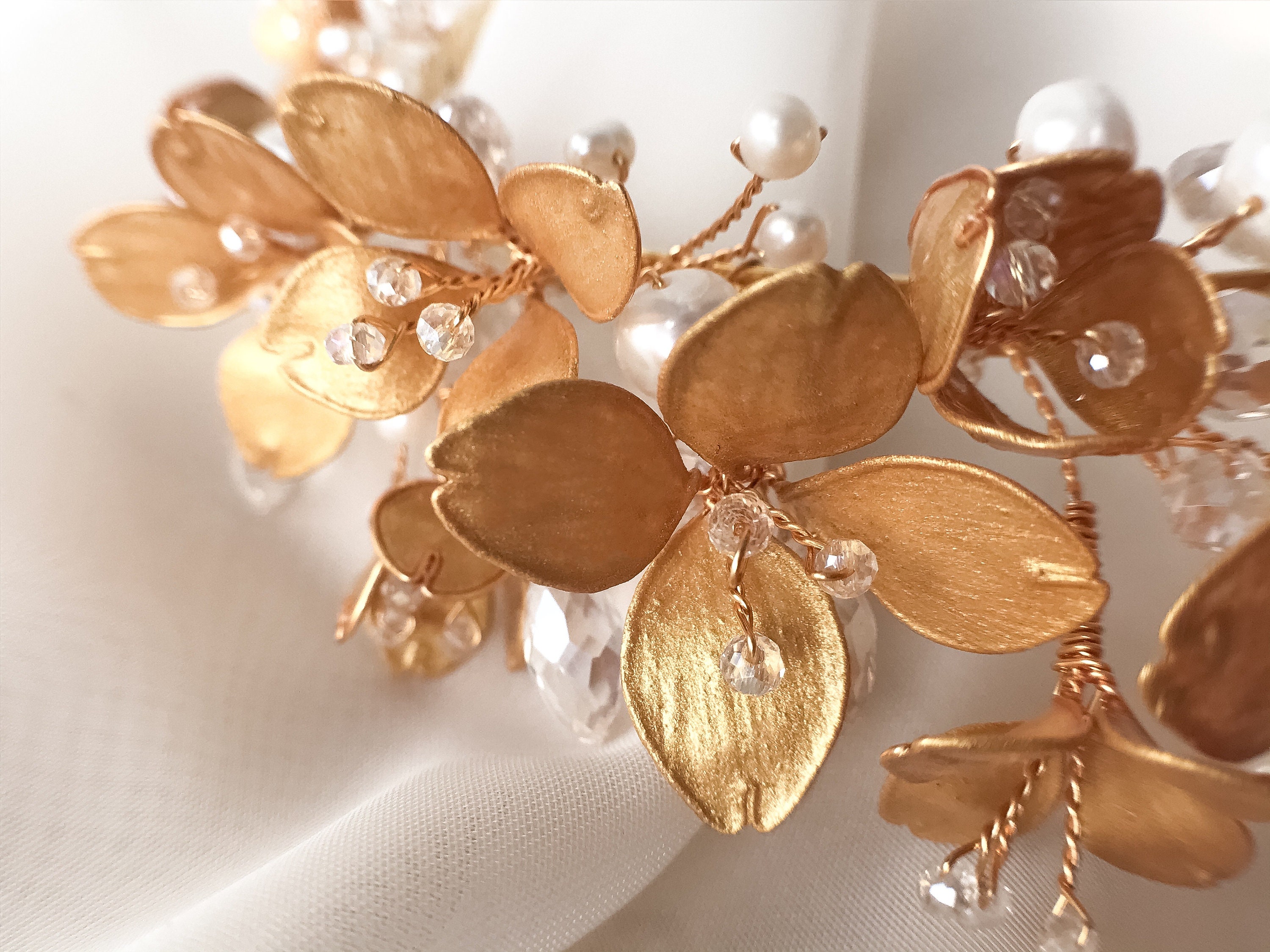 Gold wedding crown with Flowers and pearls Floral diadem | Etsy