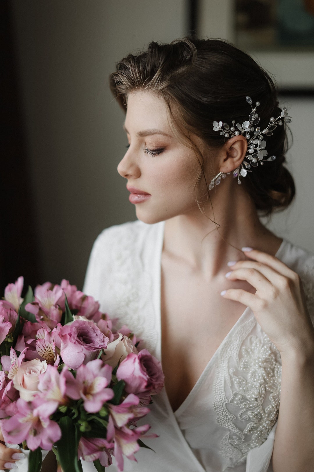 Boho Bridal Ear Wrap, Wedding Floral Ear Cuff, Ear Climber Flower ...