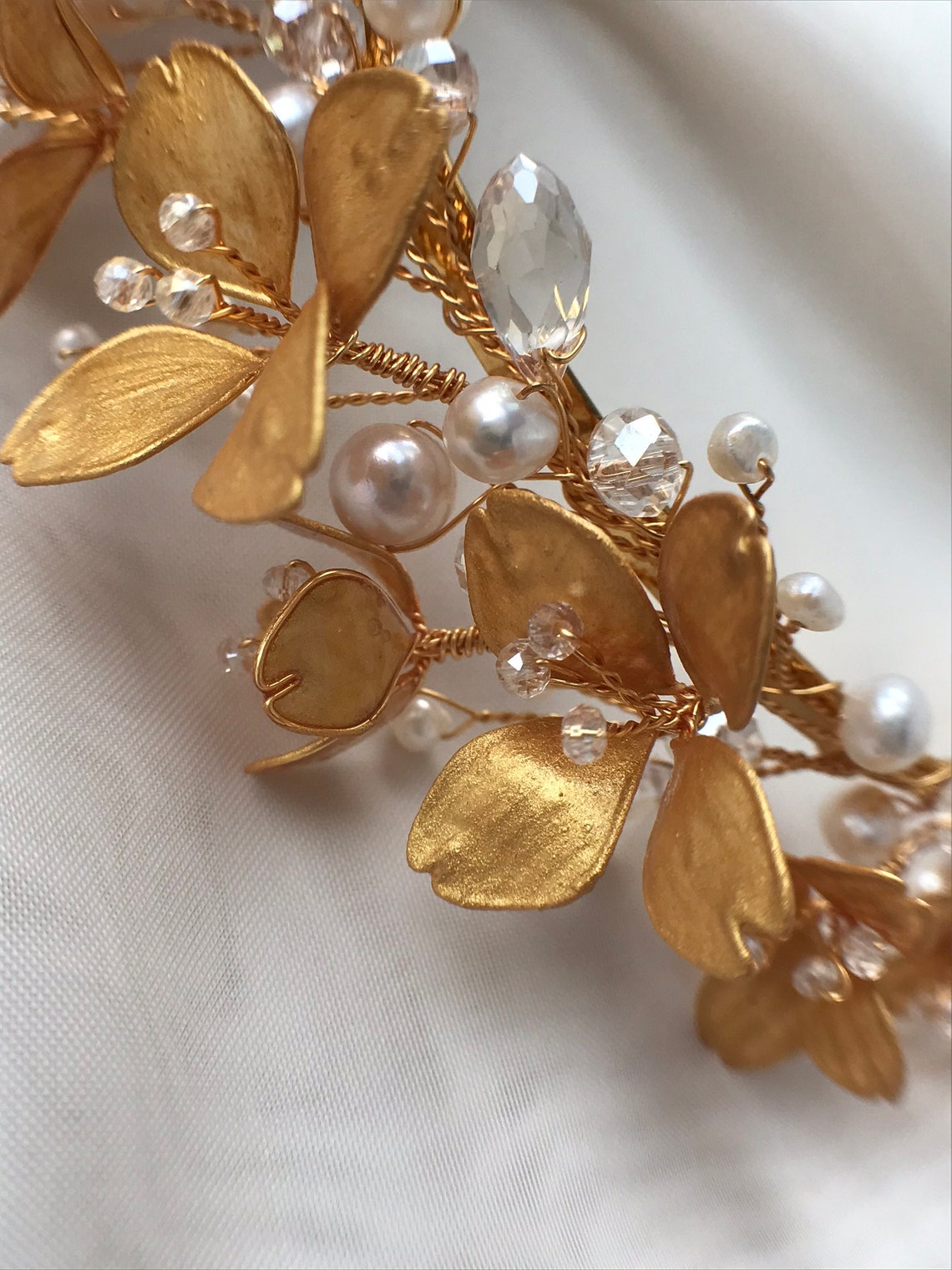 Gold wedding crown with Flowers and pearls Floral diadem | Etsy