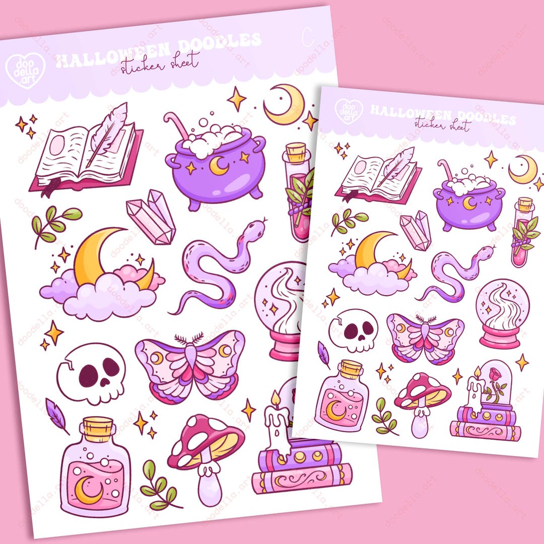 Halloween Doodles Sticker Sheet - Cute Spooky Pastel Goth Halloween ...