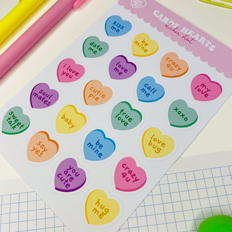 Valentines Candy Hearts Sticker Sheet - Cute Kawaii Valentine ...