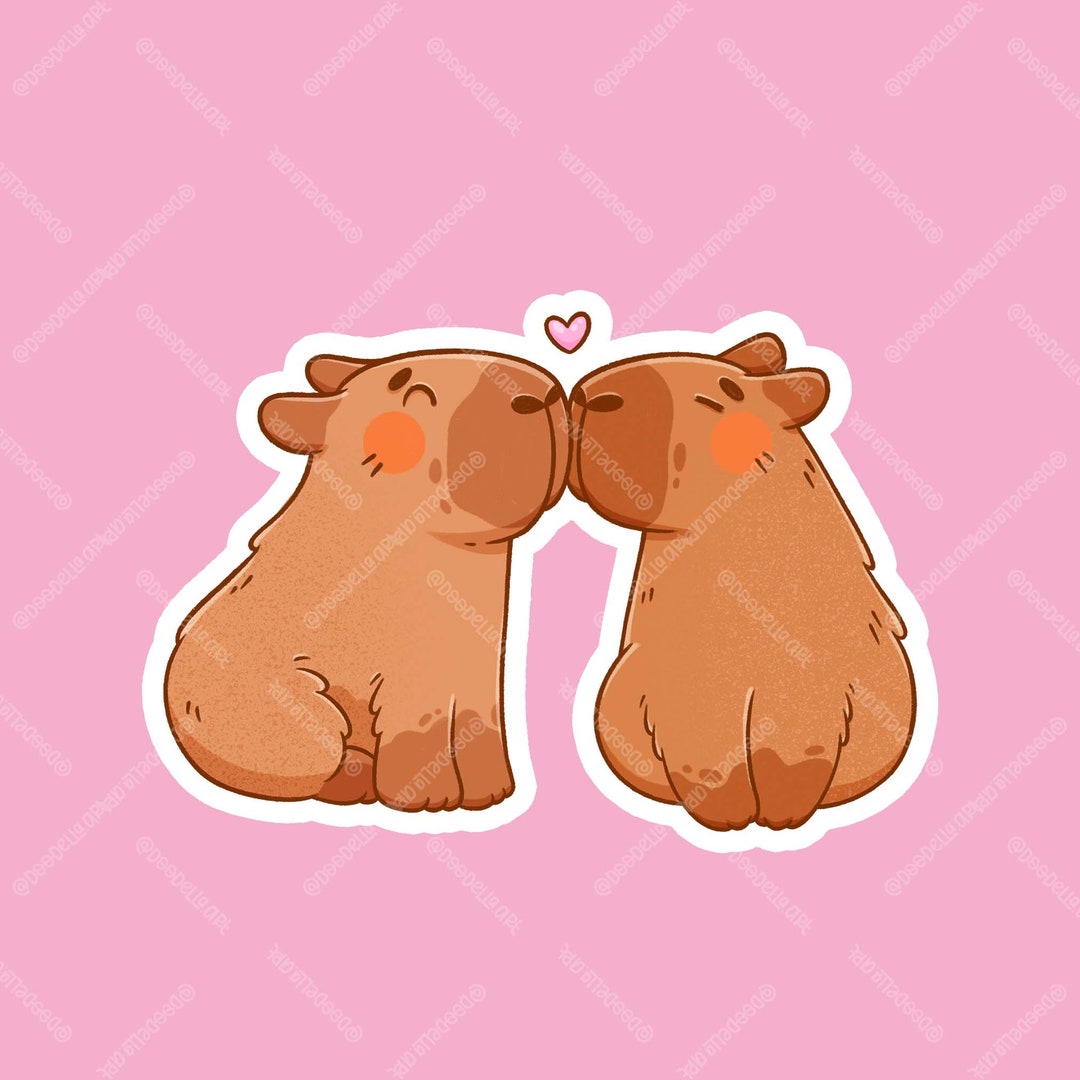 Capybara Couple in Love Sticker Kawaii Cute Capybaras Kissing Valentine ...