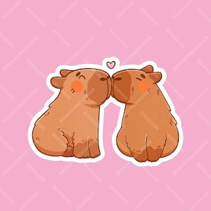 Capybara Couple in Love Sticker Kawaii Cute Capybaras Kissing Valentine ...
