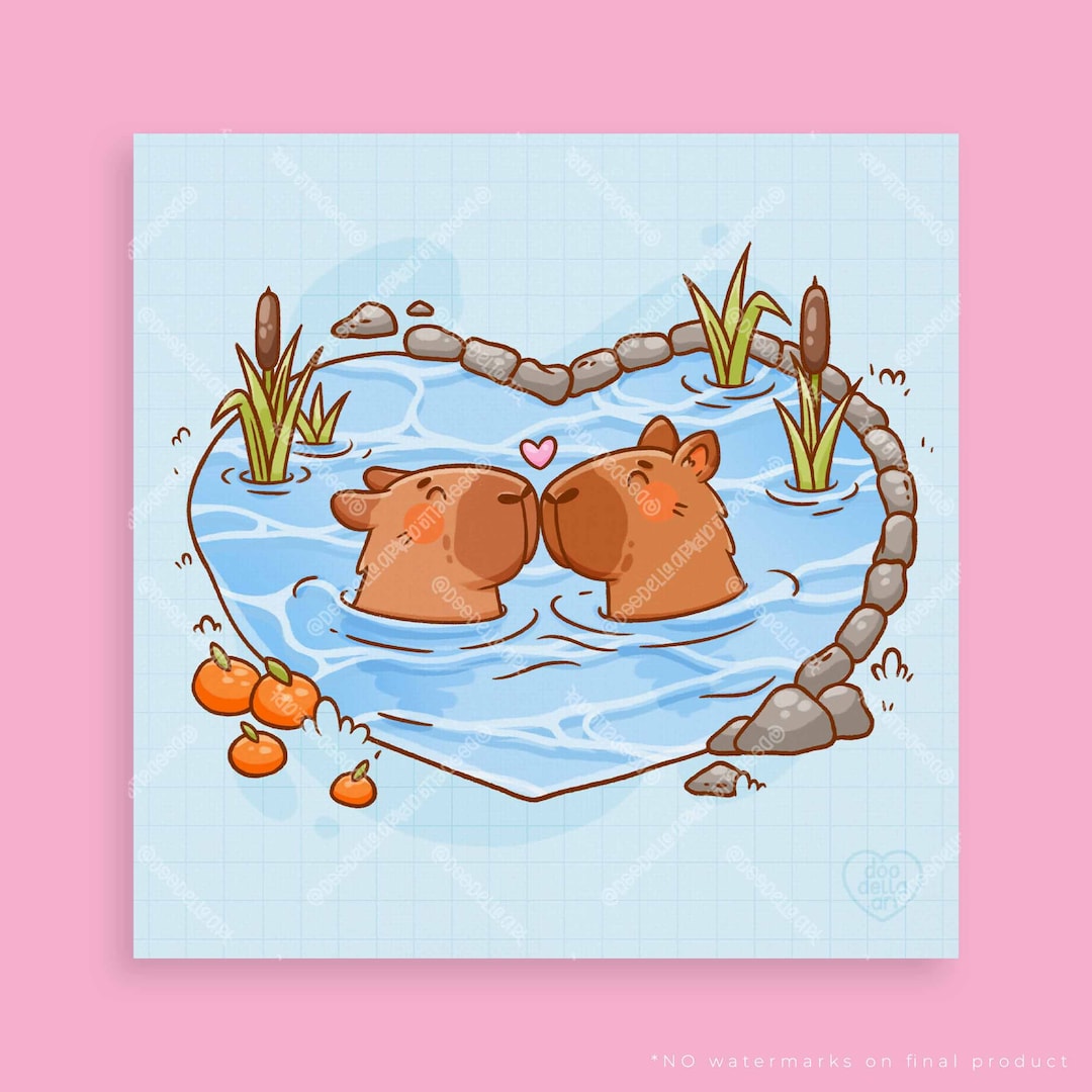 Capybara Couple Swimming in Pond, Illustrated Capybaras in Lake Art ...