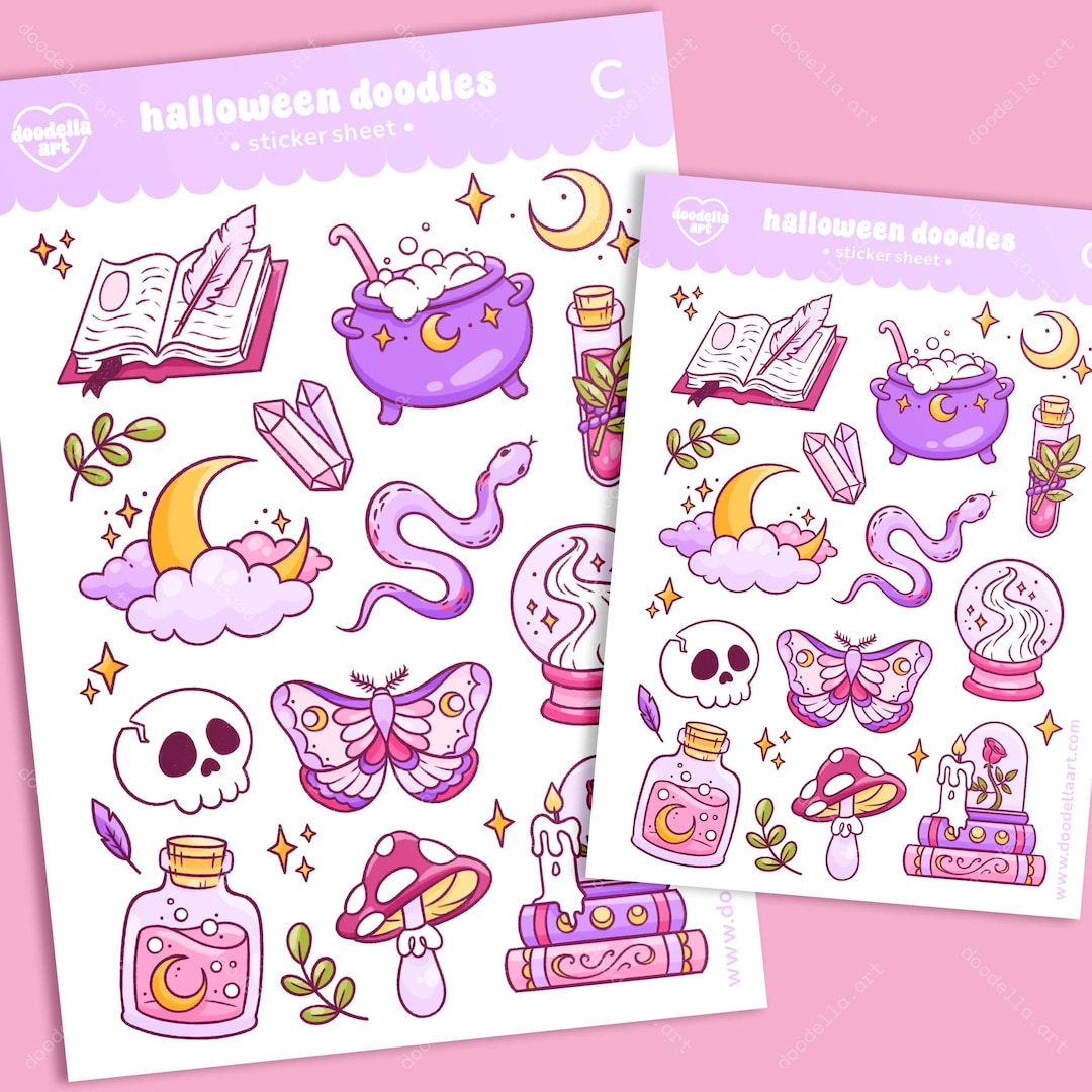 Halloween Doodles Sticker Sheet - Cute Spooky Pastel Goth Halloween ...