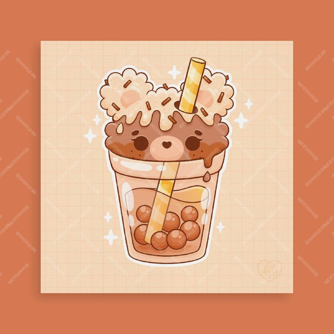 Teddy Bear Milk Coffee Boba Tea Illustrated Brown Bubble Tea Art Print ...