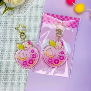 Magical Peach Acrylic Keychain - Fairy Bunny, Crescent Moon and Flowers ...