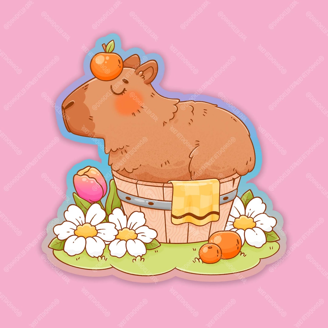 Capybara in Hot Tub Sticker Kawaii Capybara in Wooden Bath With Oranges ...
