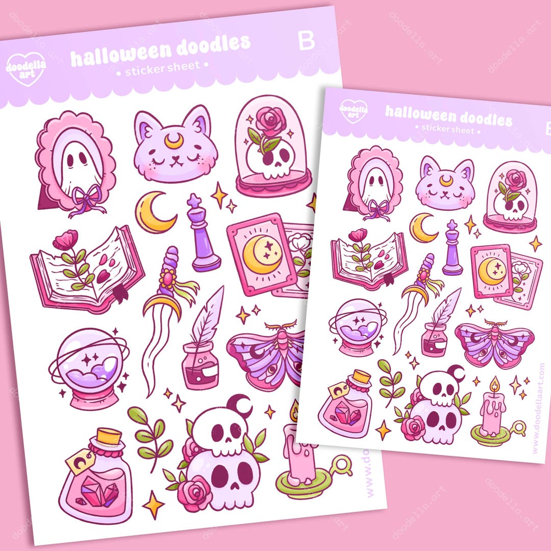 Halloween Doodles Sticker Sheet - Cute Spooky Pastel Goth Halloween ...