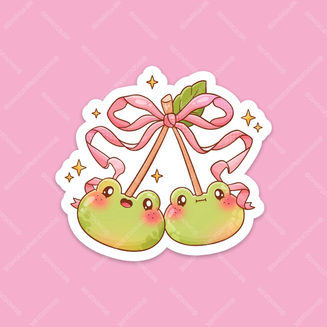 Coquette Frog Cherries Sticker, Cottagecore Froggy Cherry With Pink Bow ...