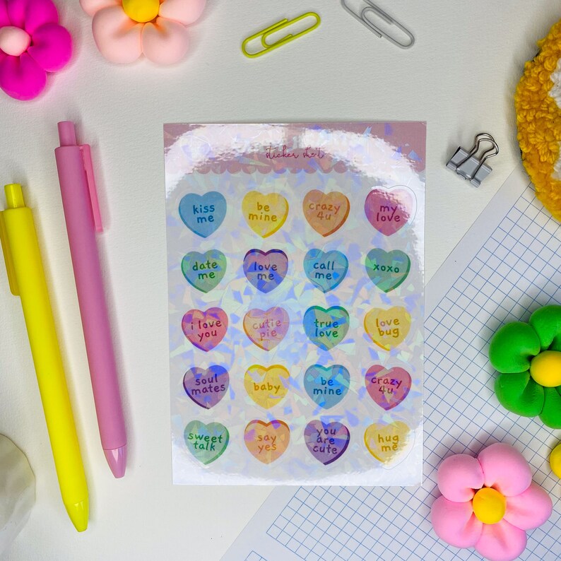 Valentines Candy Hearts Sticker Sheet - Cute Kawaii Valentine ...