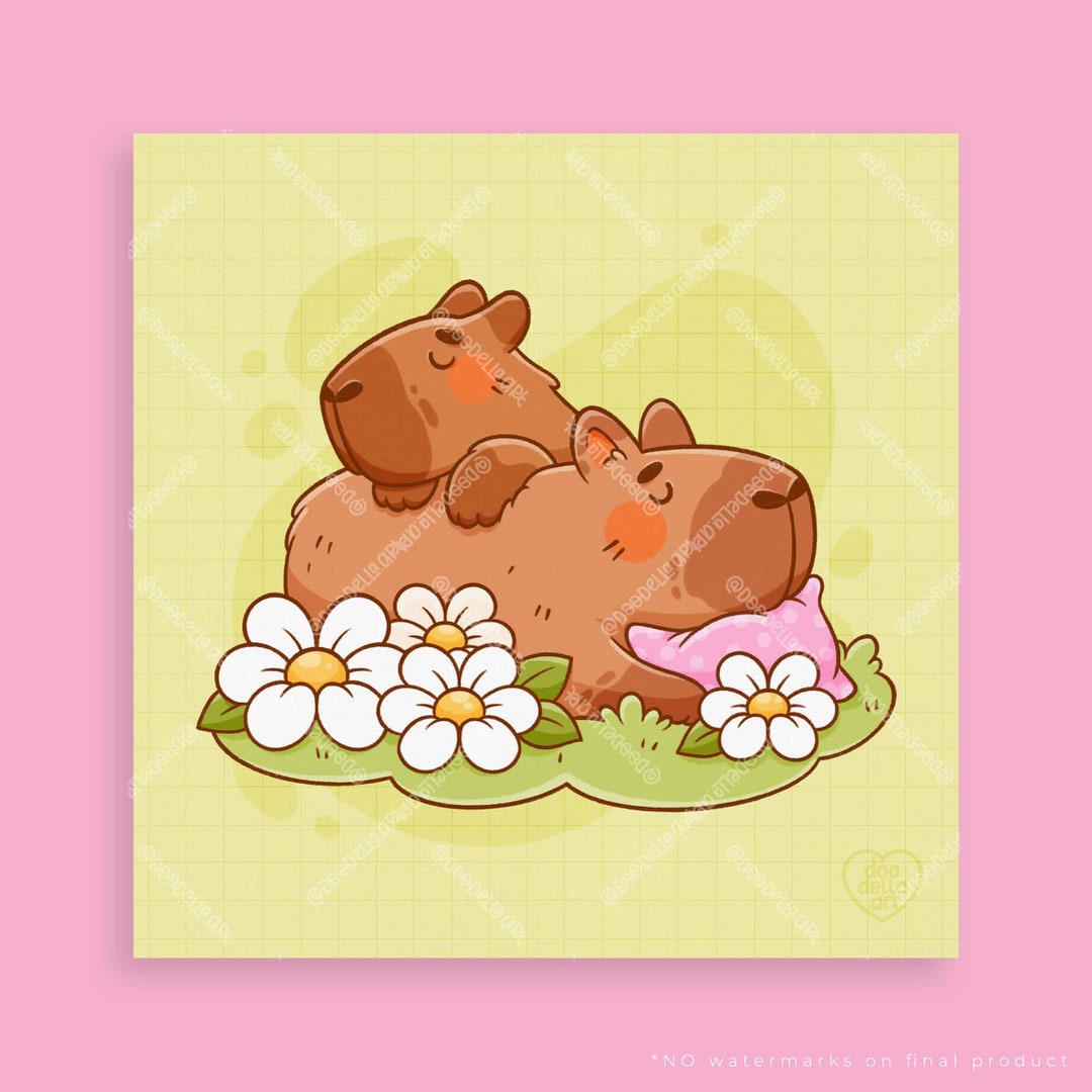 Sleepy Capybara Couple, Illustrated Capybara Art Print, Mini, Square ...
