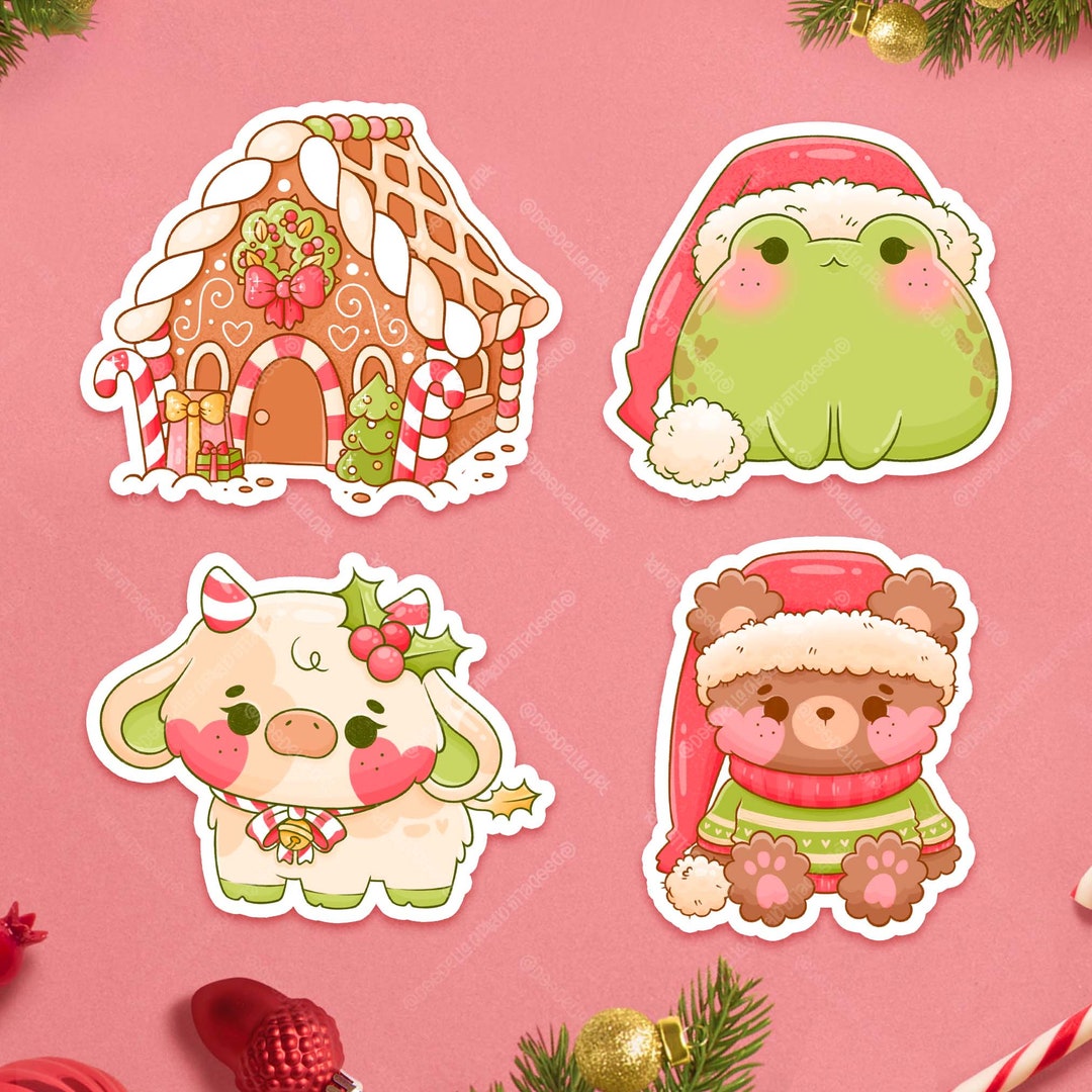 Christmas Gingerbread House, Frog, Mistletoe Cow, Teddy Bear Sticker ...