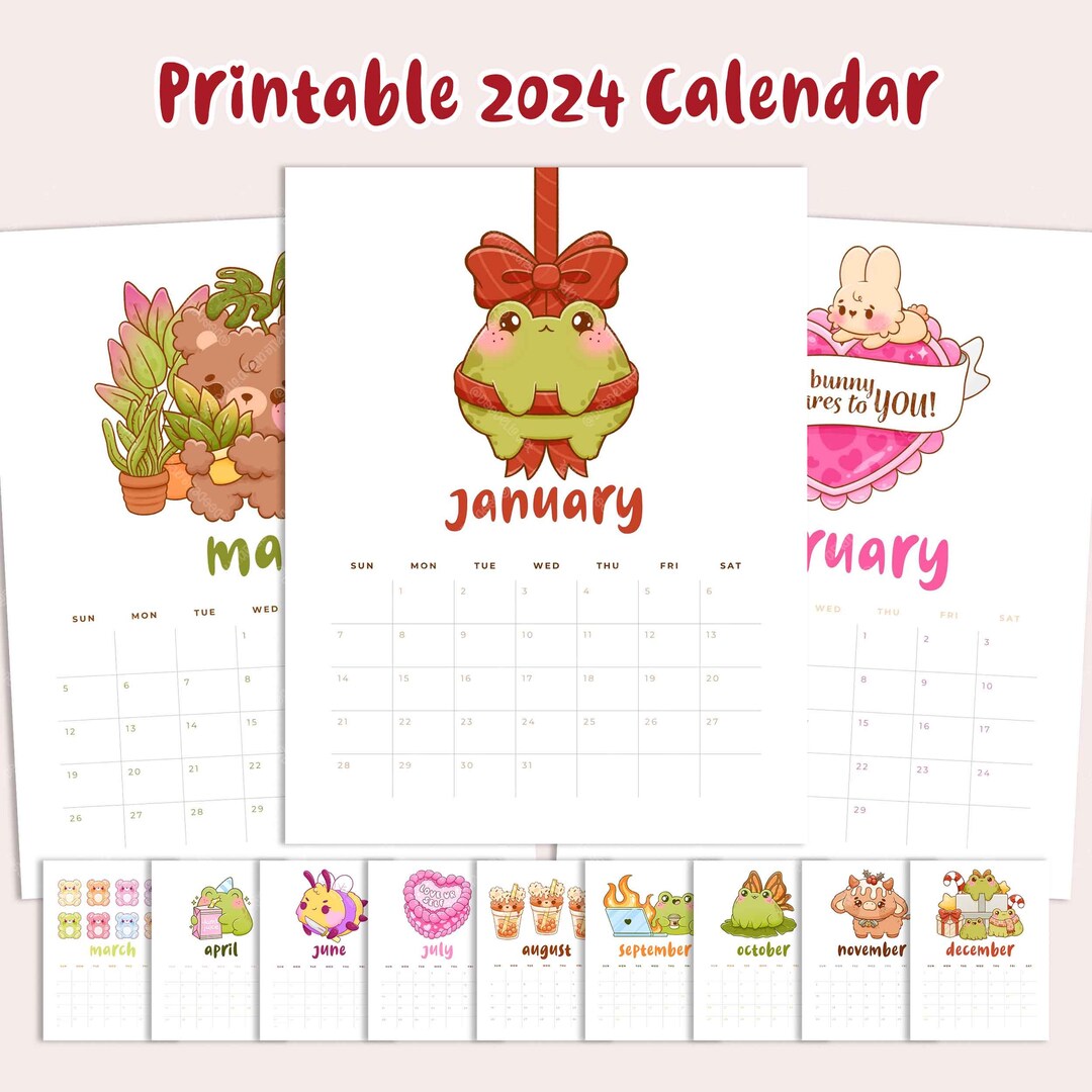 Printable 2024 Calendar DIY Cute Frog Cow Bunny Teddy Monthly Callendar ...