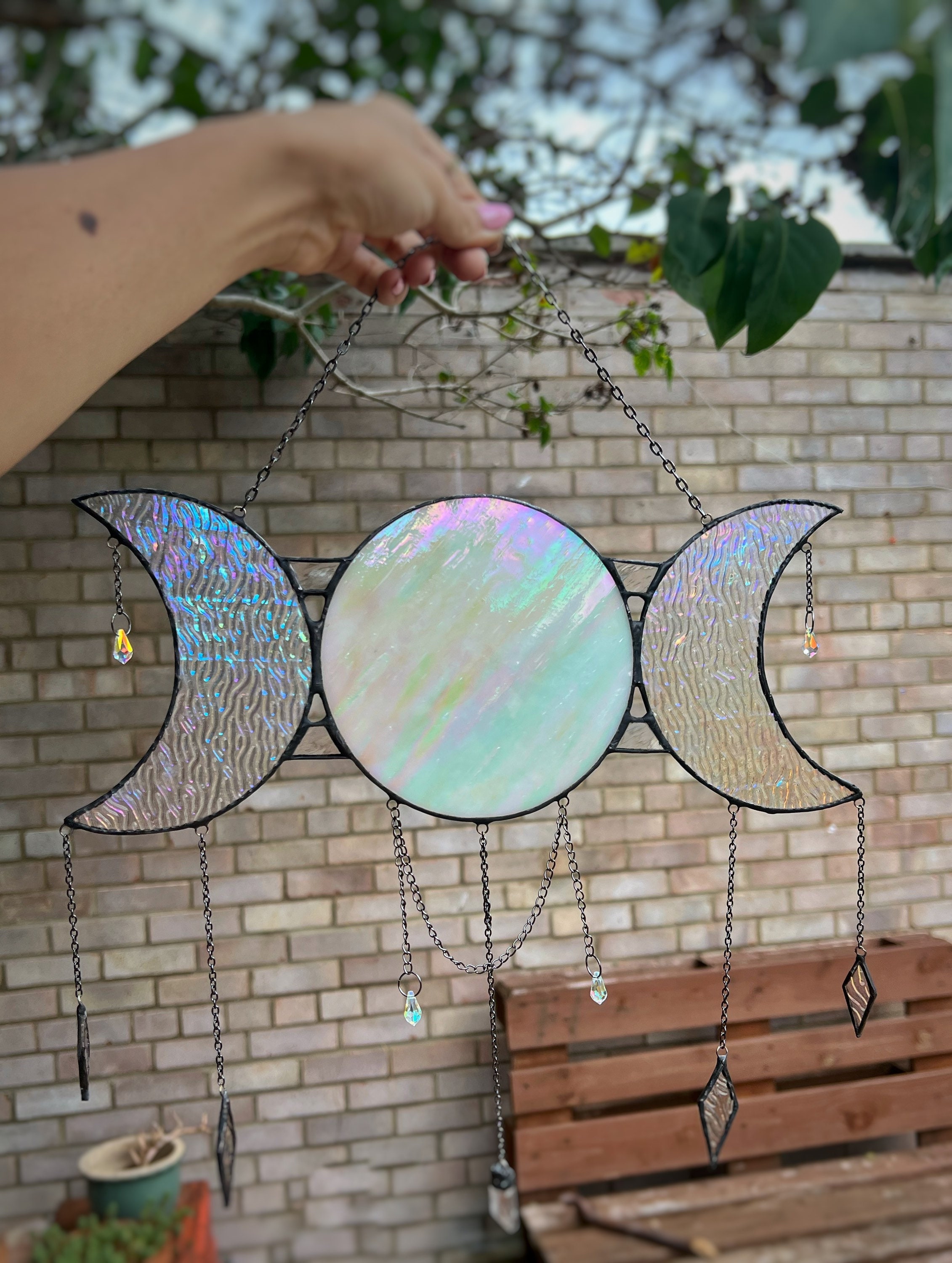 Handmade Stained Glass Triple Moon Goddess Wall Hanging, Spiritual Boho ...