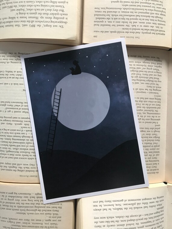 Girl reading on the moon A5 print books bookish moon and | Etsy