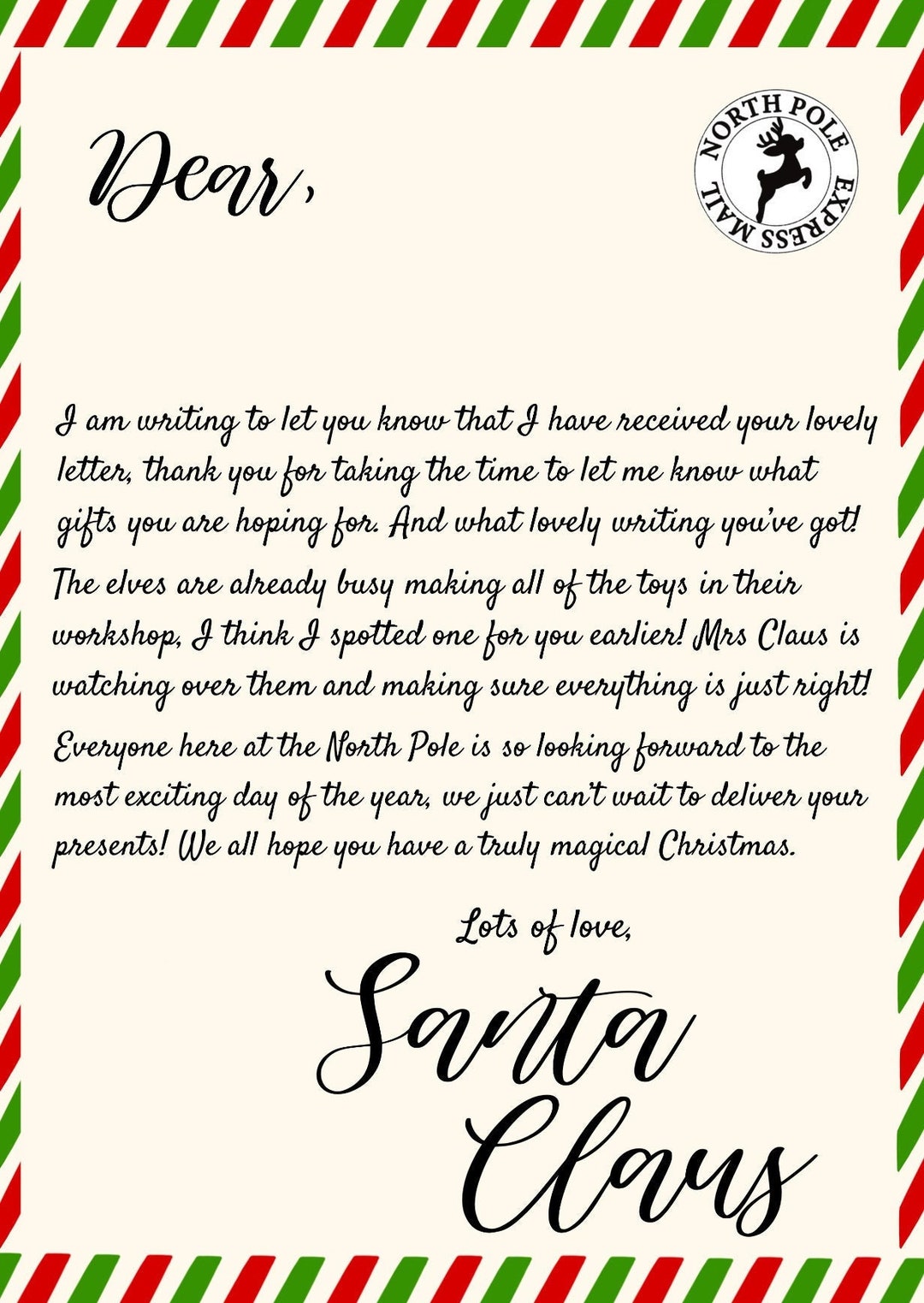 DIGITAL DOWNLOAD Santa Thank You Letter, Personalised Letter, Christmas ...