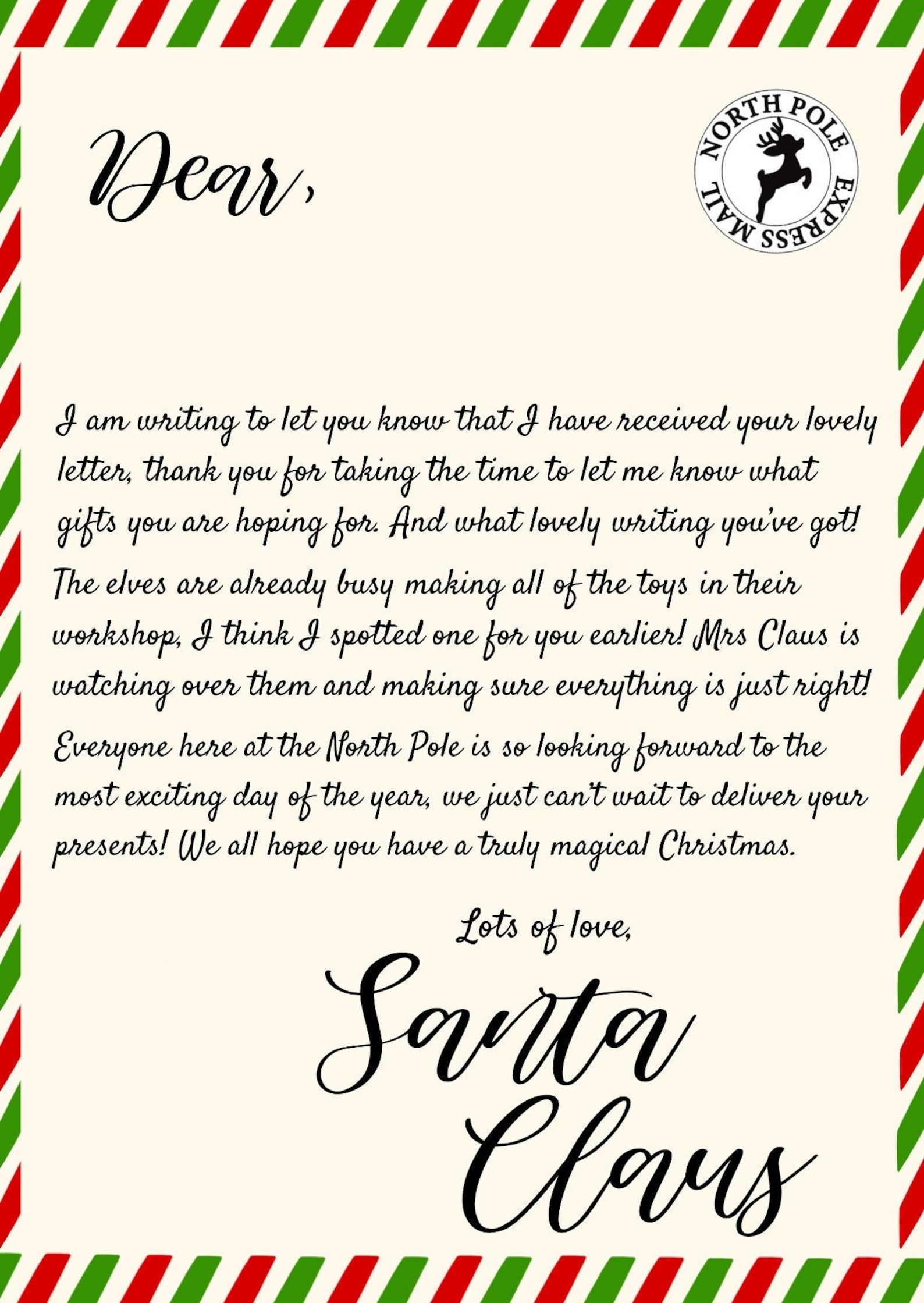 DIGITAL DOWNLOAD Santa Thank You Letter, Personalised Letter, Christmas ...