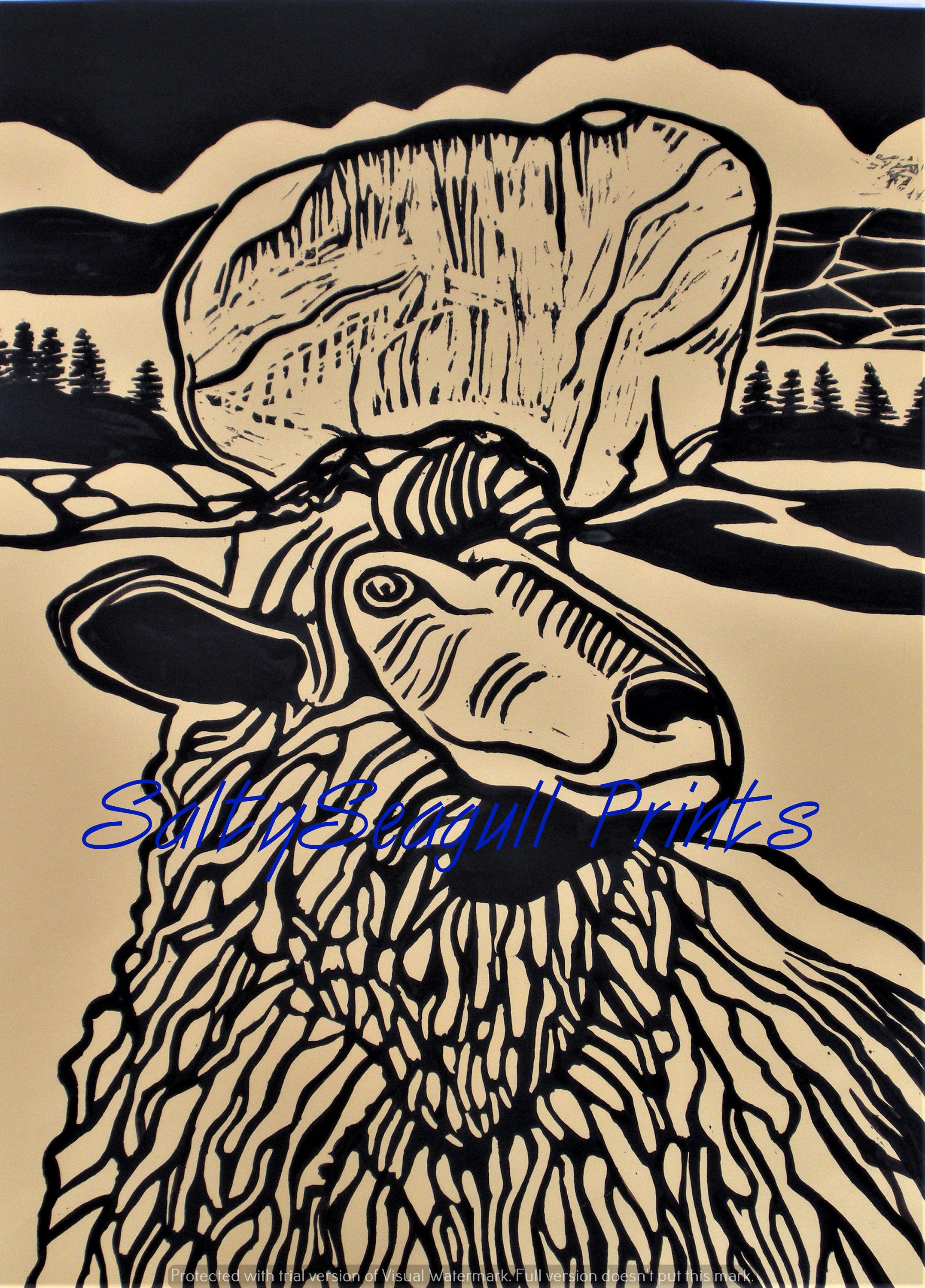 landscape Mournes lino print original animal lino print original cow ...