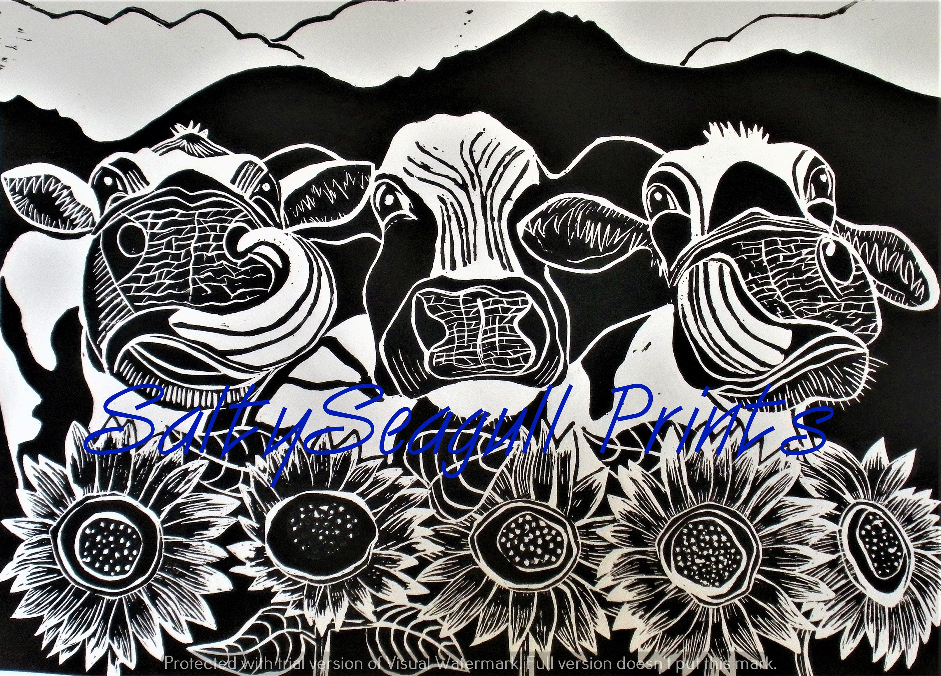 landscape Mournes lino print original animal lino print original cow ...