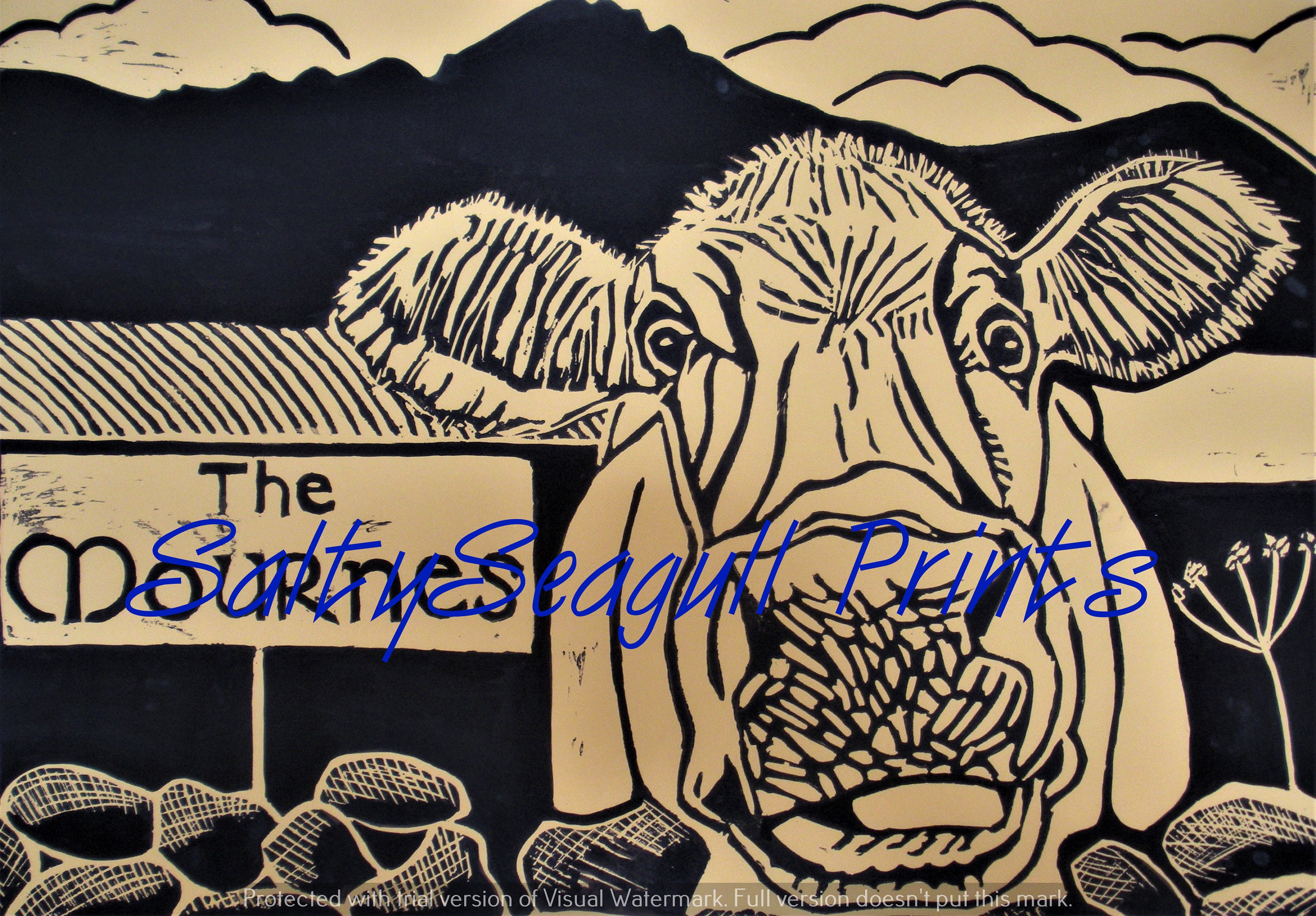 landscape Mournes lino print original animal lino print original cow ...