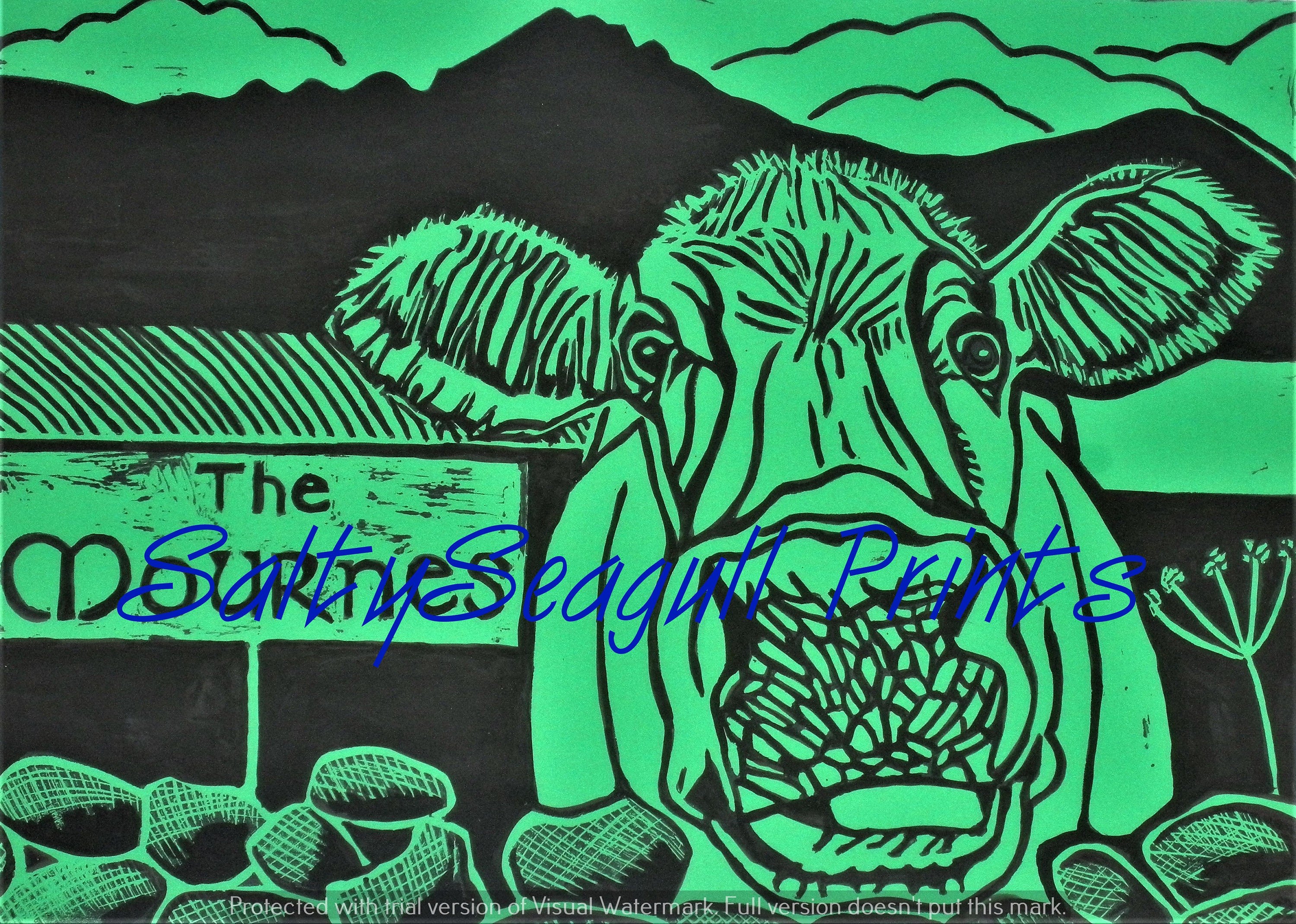 landscape Mournes lino print original animal lino print original cow ...