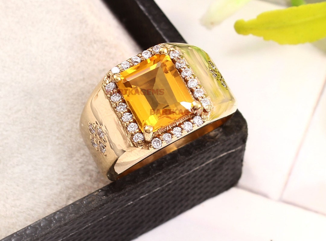 Natural Citrine Men's Ring, 14k Gold Plated Silver Ring, Yellow Citrine ...