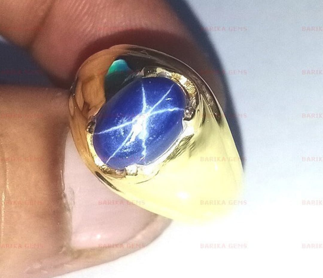 Linde Star Blue Sapphire Cabochon Ring for Men, 14k Gold Plated Silver ...