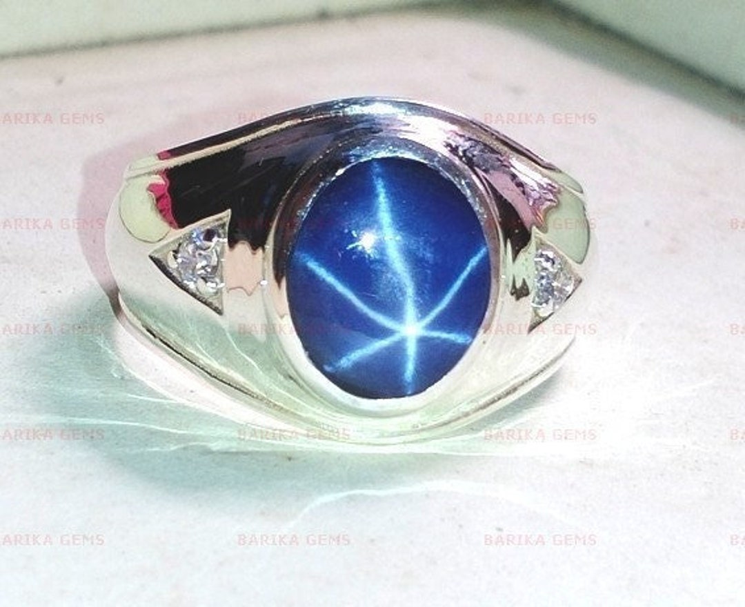 Linde Star Blue Sapphire Cabochon Ring for Men, 925 Sterling Silver ...