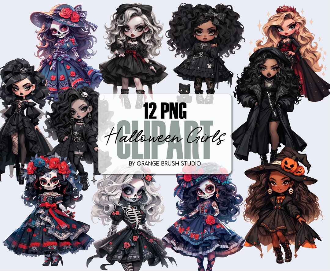 Halloween Girls Clipart Bundle, Chibi Dolls PNG Clipart. Cute Halloween ...