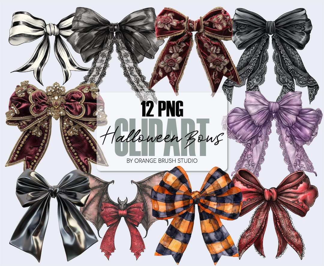 Vintage Halloween Coquette Bow Clipart Bundle. Retro Halloween Bow PNG ...