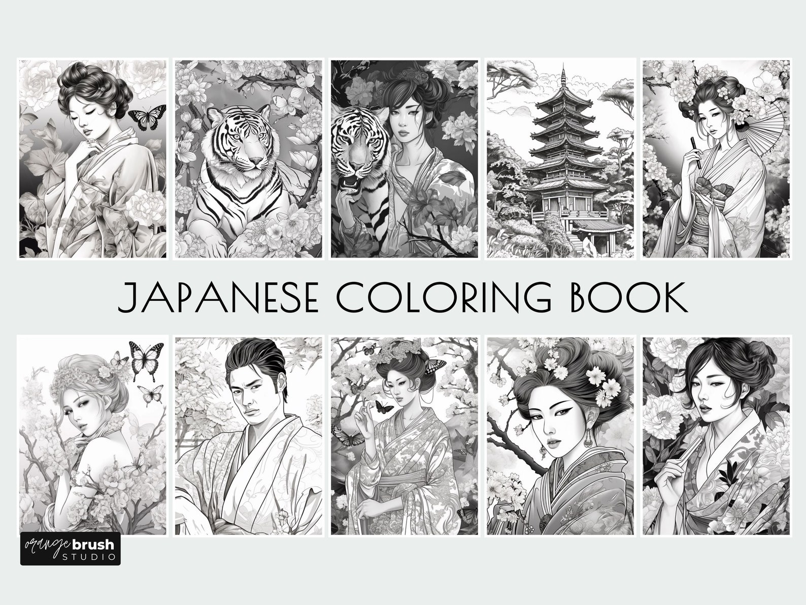 Japanese Printable Coloring Book, Grayscale Coloring Pages, 10 Asian ...