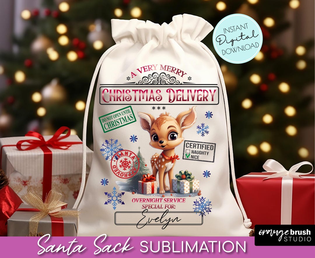 Santa Sack Sublimation Design, Christmas Gift Bag With Deer. Santa ...