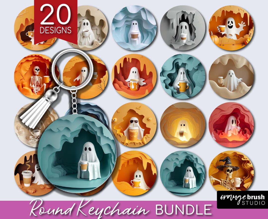 3D Halloween Keychain Sublimation Bundle. Spooky Ghost Key Ring PNG ...