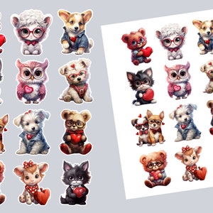 Valentine Stickers - Cute Animals, Printable Sticker Sheet. Valentine's ...