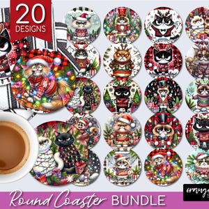 Christmas Cat Round Coaster Bundle, Dangled in Christmas Lights, 20 ...