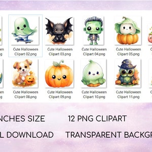 Cute Halloween Clipart Bundle, Watercolor PNG Clipart. Halloween Kawaii ...