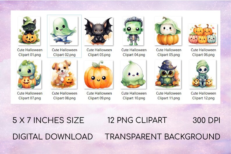 Cute Halloween Clipart Bundle, Watercolor PNG Clipart. Halloween Kawaii ...